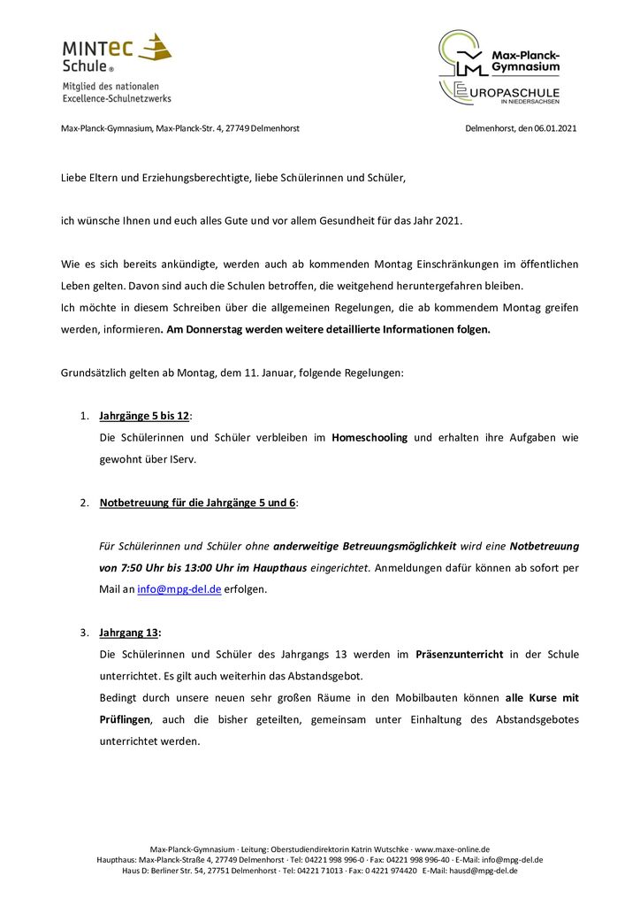 Anschreiben und Informationen der Schulleitung (Schuljahr 2020/21 ...